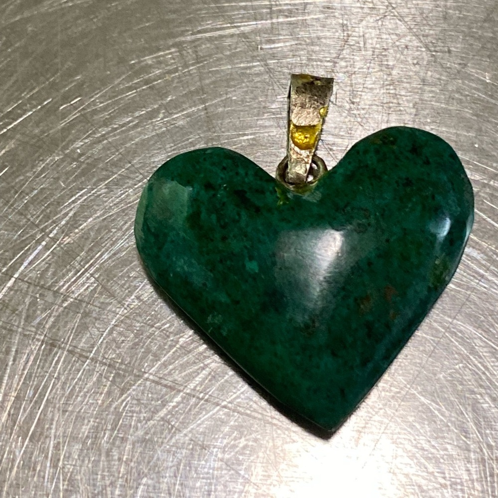 Genuine Jade Carved Stone, Gold Tone Heart Pendant - Gem